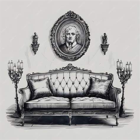 Victorian Sofa Monochrome Ink Sketch Vector Drawing Engraving Style