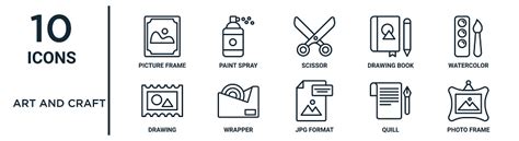 예술 및 공예 개요 아이콘 세트에는 가는 선 그림 프레임 가위 수채화 포장지 깃펜 사진 프레임 보고서 프레젠테이션 다이어그램 웹 디자인을 위한 그리기 아이콘이 포함됩니다 0