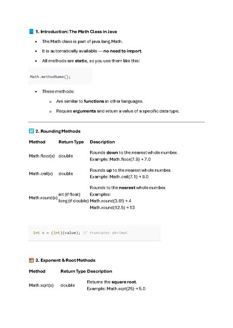 Java Math Class Notes Functions Methods And Examples Studocu