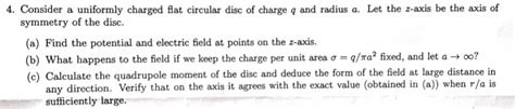 Solved Consider A Uniformly Charged Flat Circular Disc Of Chegg