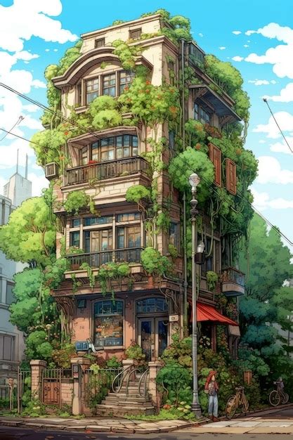 Premium AI Image A Drawing Of A Building That Has Trees And Plants