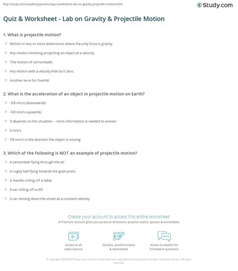 Quiz Worksheet Lab On Gravity Projectile Motion Study Com