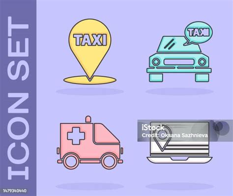 위치 마커가 있는 노트북 택시 구급차 및 긴급 차량이 있는 지도 포인터 택시 자동차 아이콘을 설정합니다 벡터 건강 진단에 대한 스톡 벡터 아트 및 기타 이미지 Istock