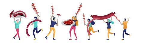 바베큐를 준비하는 사람들 바베큐 파티 고기를 굽는 사람들 개념적 현대와 유행 다채로운 벡터 일러스트 Html에 대한 스톡 벡터 아트 및 기타 이미지 Istock