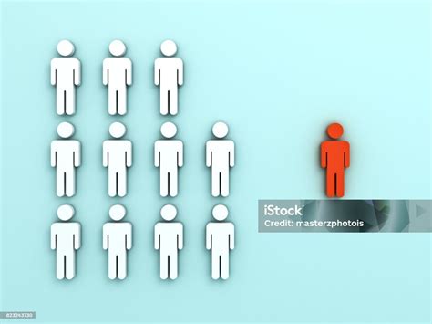 밖으로 서 군중 및 다른 창조적인 아이디어 개념에서 한 빨간 사람 그림자 리더십 개념와 청록색 배경에 백색 사람들의 그룹에서 분리 되어 혼자 서 3 차원 렌더링 개념과