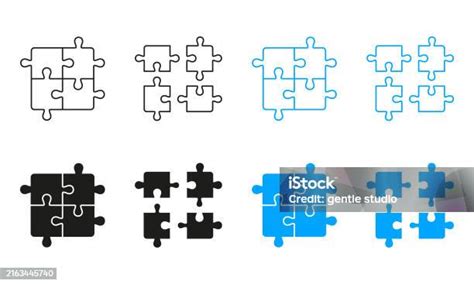 Square Jigsaw Parts Fit Line And Silhouette Icon Set Puzzle Pieces Match Teamwork Idea Logic