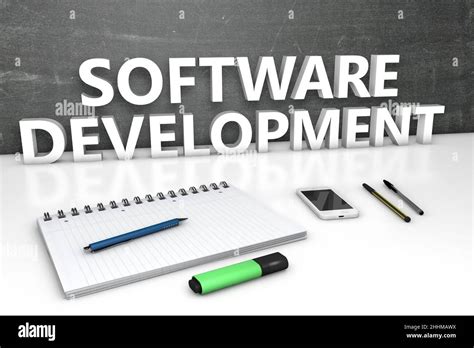 Software Development Text Concept With Chalkboard Notebook Pens And Mobile Phone D Render