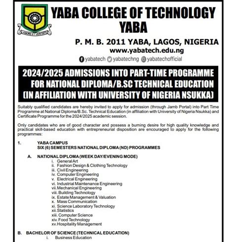 Yabatech Part Time Form For 20242025 Academic Session Now Out