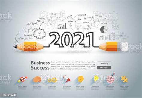 드로잉 차트에 창조적 인 연필 디자인 그래프 비즈니스 성공 전략 계획 아이디어 개념 새해 2021 달력 표지 벡터 일러스트 현대 레이아웃 템플릿 디자인 0명에 대한 스톡