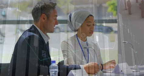 Animation Of Statistical Data Processing Against Diverse Man And Woman