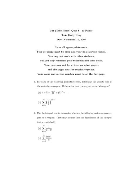 Quiz 8 Questions On Elementary Calculus Ii Math 221 Docsity
