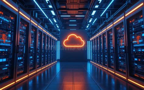 Futuristic Server Room Neon Lights Cloud Computing Digital Data Center Technology Blue Dark Glow