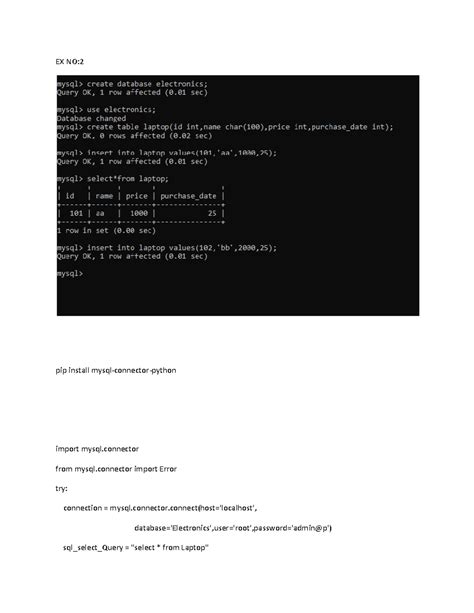 Ml Exp No 2 Bsc Computer Science Ex No Pip Install Mysql Connector Python Import Mysql From