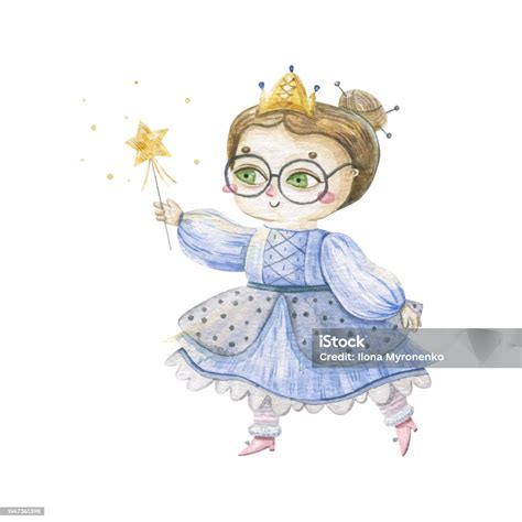 귀여운 아기 요정 파란색 공 가운을 입은 공주 헤어스타일 왕관과 별 모양의 마술 지팡이 디자인 및 인쇄를 위한 수채화 그림 이빨 요정 허구 캐릭터에 대한 스톡 벡터 아트 및