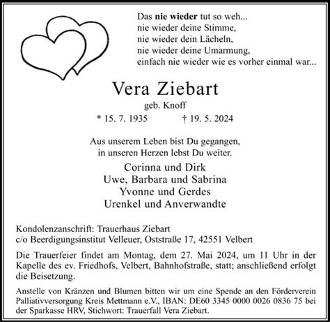 Traueranzeigen Von Vera Ziebart Trauer In Nrw De