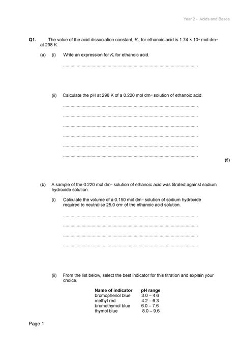 Buffer PH Acid Questions And Answers Q The Value Of The Acid Dissociation Constant At K