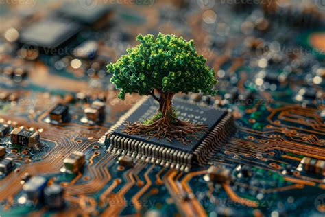 Nature Meets Technology Tree Growing On Microchip Circuit Board Artwork