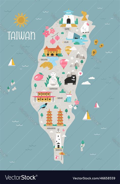 Taiwan Map With Famous Symbols Landmarks Vector Image