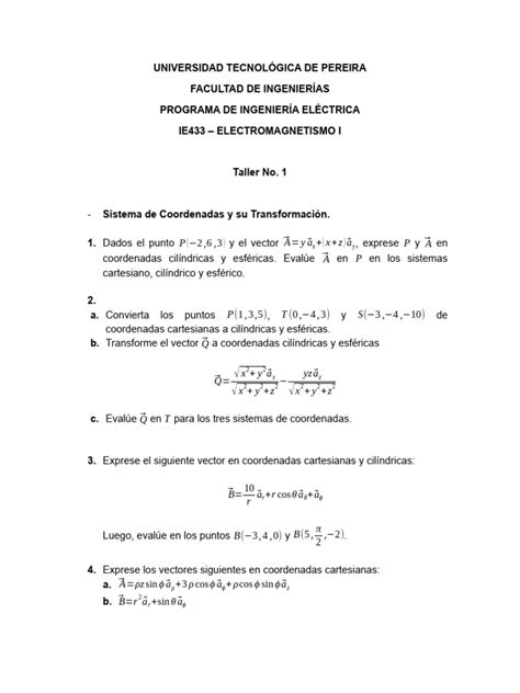 Taller No 1 Electromagnetismo Pdf Vector Euclidiano Sistema De Coordenadas Cartesianas