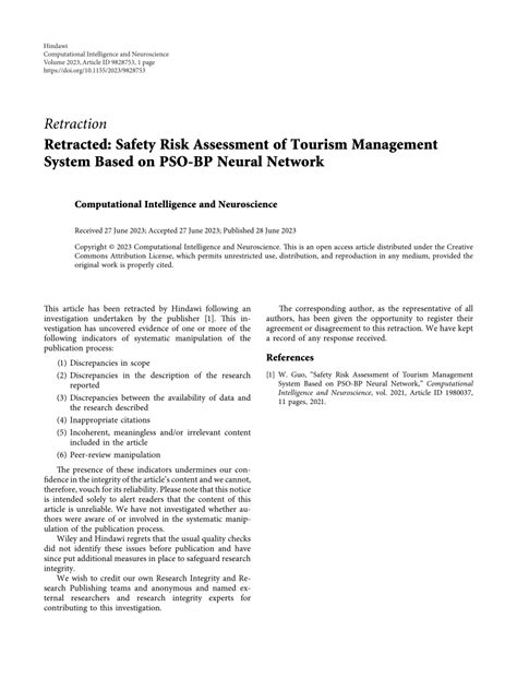 Pdf Retracted Safety Risk Assessment Of Tourism Management System Based On Pso Bp Neural Network