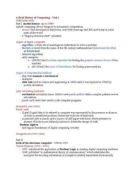 Final Exam Notes Eecs 1520 A Brief History Of Computing Unit 1 1930 1950 Part I Ancient