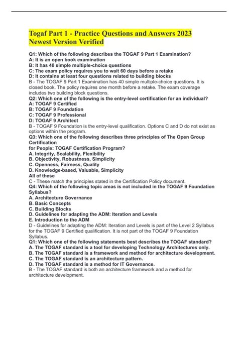 Togaf Part 1 - Practice Questions and Answers 2023 Newest Version Verified - TOGAF - Stuvia US
