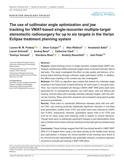 Pdf The Use Of Collimator Angle Optimization And Jaw Tracking For Vmat‐based Single‐isocenter