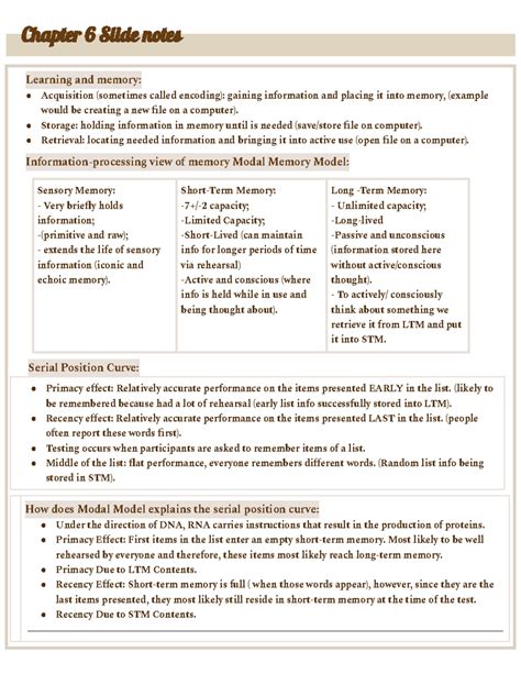 Learning And Memory Slide Notes Chapter 6 Slide Notes Learning And Memory Acquisition Studocu