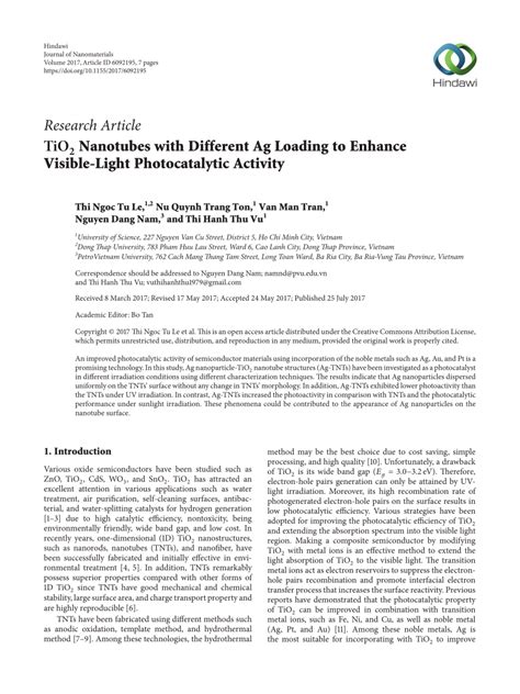 Pdf Tio 2 Nanotubes With Different Ag Loading To Enhance Visible Light Photocatalytic Activity
