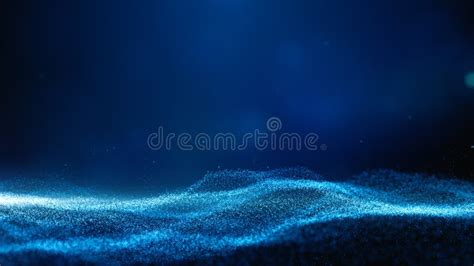 Digital Cyberspace Futuristic Blue Color Particles Wave Flowing With Bokeh And Light Lines And