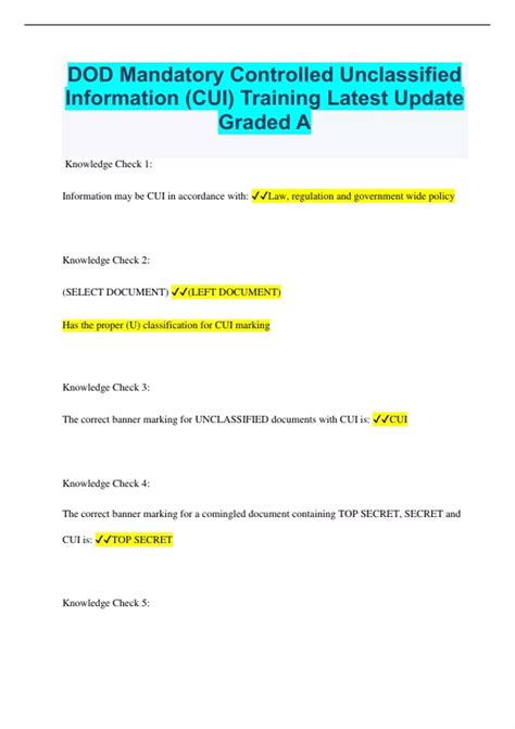 Dod Mandatory Controlled Unclassified Information Cui Training Latest Update Graded A Dod