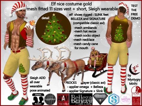 Second Life Marketplace Elf Men Santa Helper Costume Gold Mesh Fitted