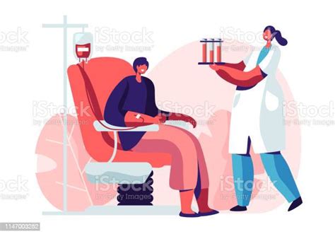 여자는 혈액을 기부 생명을 가진 시험 튜브를 들고 간호사 캐릭터 의료의 자에 앉아 여성 기증자 건강 관리 자선 수혈 기증 연구소 만화 평면 벡터 일러스트 손에 대한 스톡