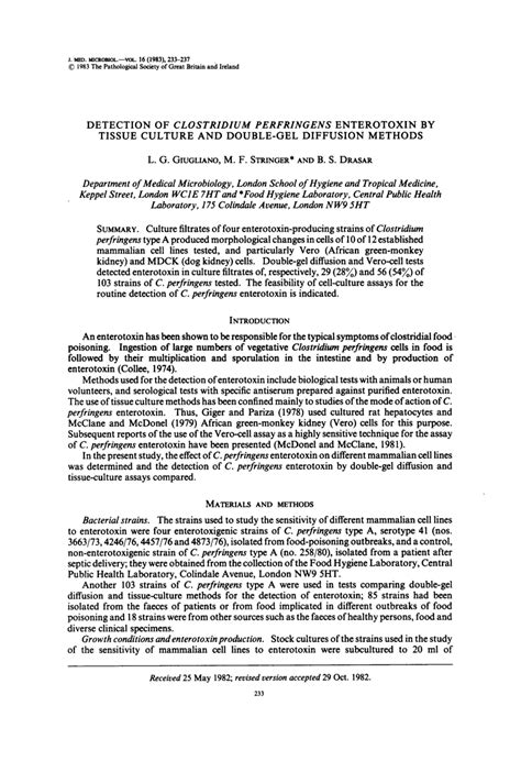 Pdf Detection Of Clostridium Perfringens Enterotoxin By Tissue Culture And Double Gel