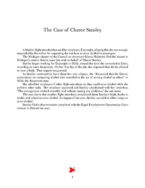 Case Charee Stanley Reading And Answer The Case Of Charee Stanley A Muslim Flight Attendant