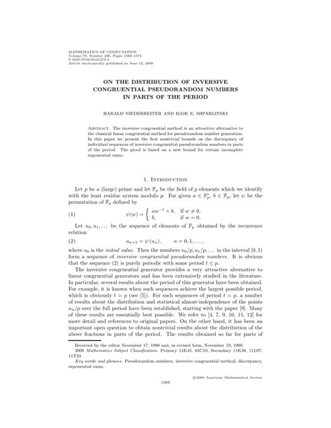 Pdf On The Distribution Of Inversive Congruential Pseudorandom Numbers In Parts Of The Period