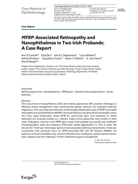 Pdf Mfrp Associated Retinopathy And Nanophthalmos In Two Irish Probands A Case Report