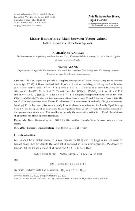 Pdf Linear Biseparating Maps Between Vector Valued Little Lipschitz Function Spaces