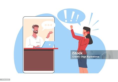 나쁜 리뷰 여자는 나쁜 고객 서비스 리뷰를합니다 스마트폰으로 외치는 화난 소녀 부정적인 피드백 제품 만화 평면 그림의 불만 벡터 불만 개념 고객에 대한 스톡 벡터 아트 및