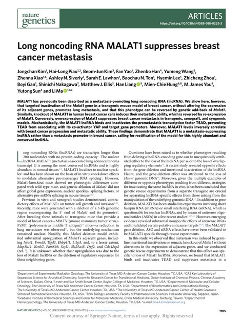 Long Noncoding RNA MALAT1 Suppresses Breast Cancer Metastasis Request PDF