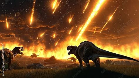 Dinosaurs Facing Extinction A Dramatic And Apocalyptic Scene Of Dinosaurs Facing A Fiery Meteor