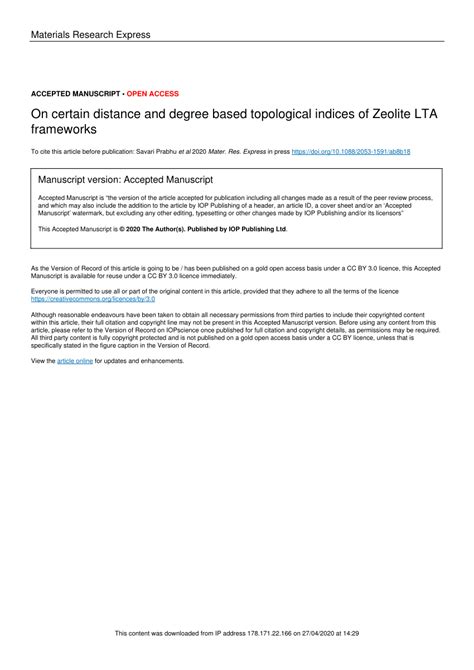 Pdf On Certain Distance And Degree Based Topological Indices Of Zeolite Lta Frameworks