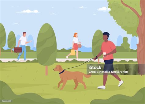 여름 공원에서 개를 산책하는 남자 평면 컬러 벡터 일러스트 레이 션 개 산책에 대한 스톡 벡터 아트 및 기타 이미지 개 산책