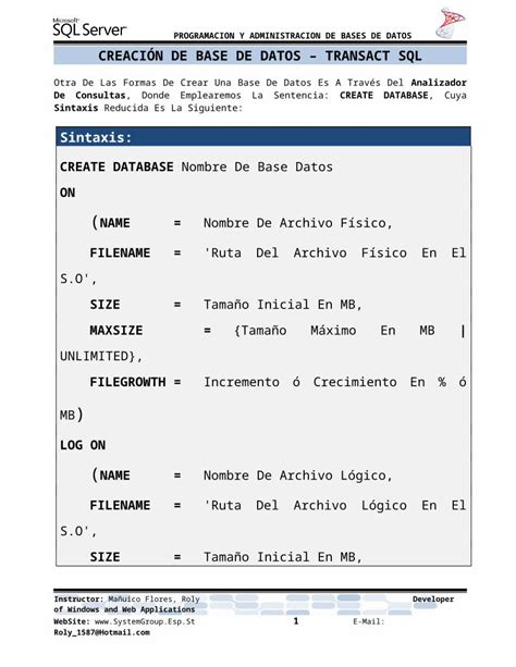 Docx Sintaxis De Creación De Base De Datos Transact Sql Dokumentips