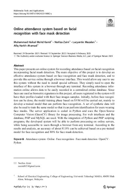 pdf online attendance system based on facial recognition with face