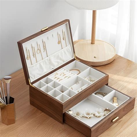 2 Layer Large Solid Wood Jewelry Box With Drawer Walnut Wood Etsy Canada