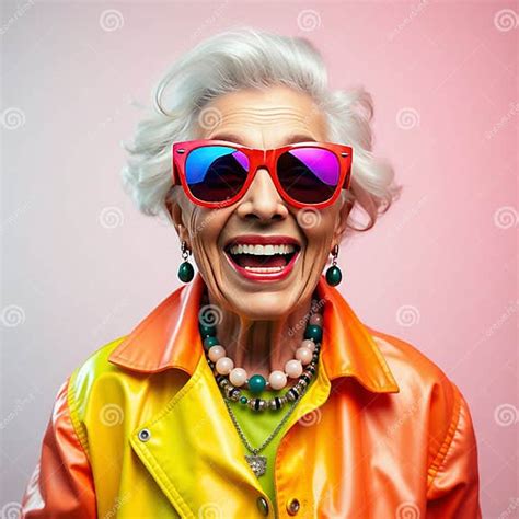 Happy Senior Woman In Colorful Neon Outfit Funny Sunglasses And