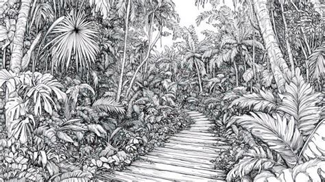 Sendero Tropical En Blanco Y Negro En La Selva Con Palmeras Y