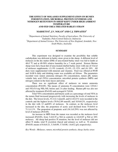 Pdf The Effect Of Molasses Supplementation On Rumen Fermentation Microbial Protein Synthesis