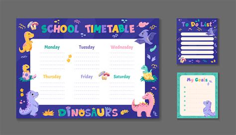 인쇄 가능한 주간 또는 일일 플래너 메모 용지 디자인 학교 시간표 주최자 템플릿 및 귀여운 공룡과 함께 할 일 목록의 귀여운 세트 벡터 만화 일러스트 레이 션 0명에 대한